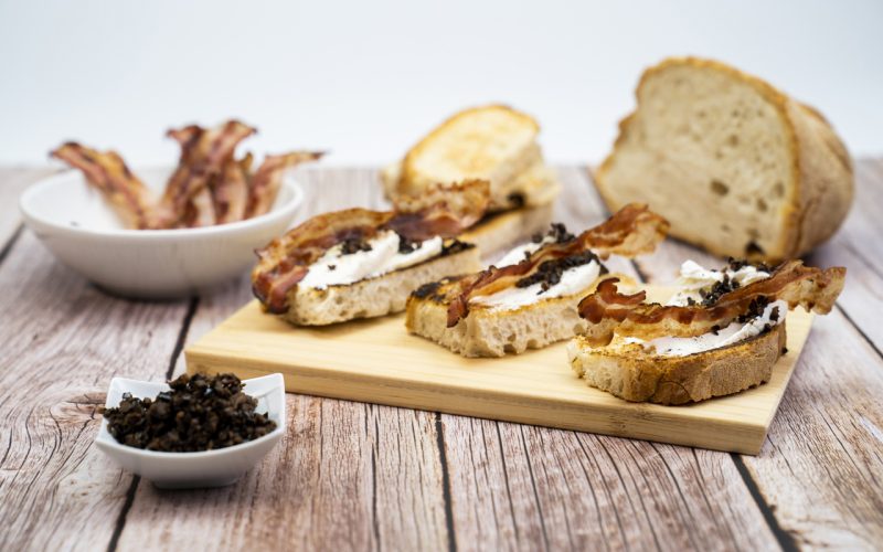 Crostini with Mascarpone, Crispy Pancetta, and Black Olive Crumbs ...
